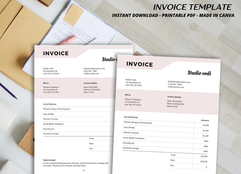 Sky Blue & White Minimalist Invoice Editable Template, Custom Order ...