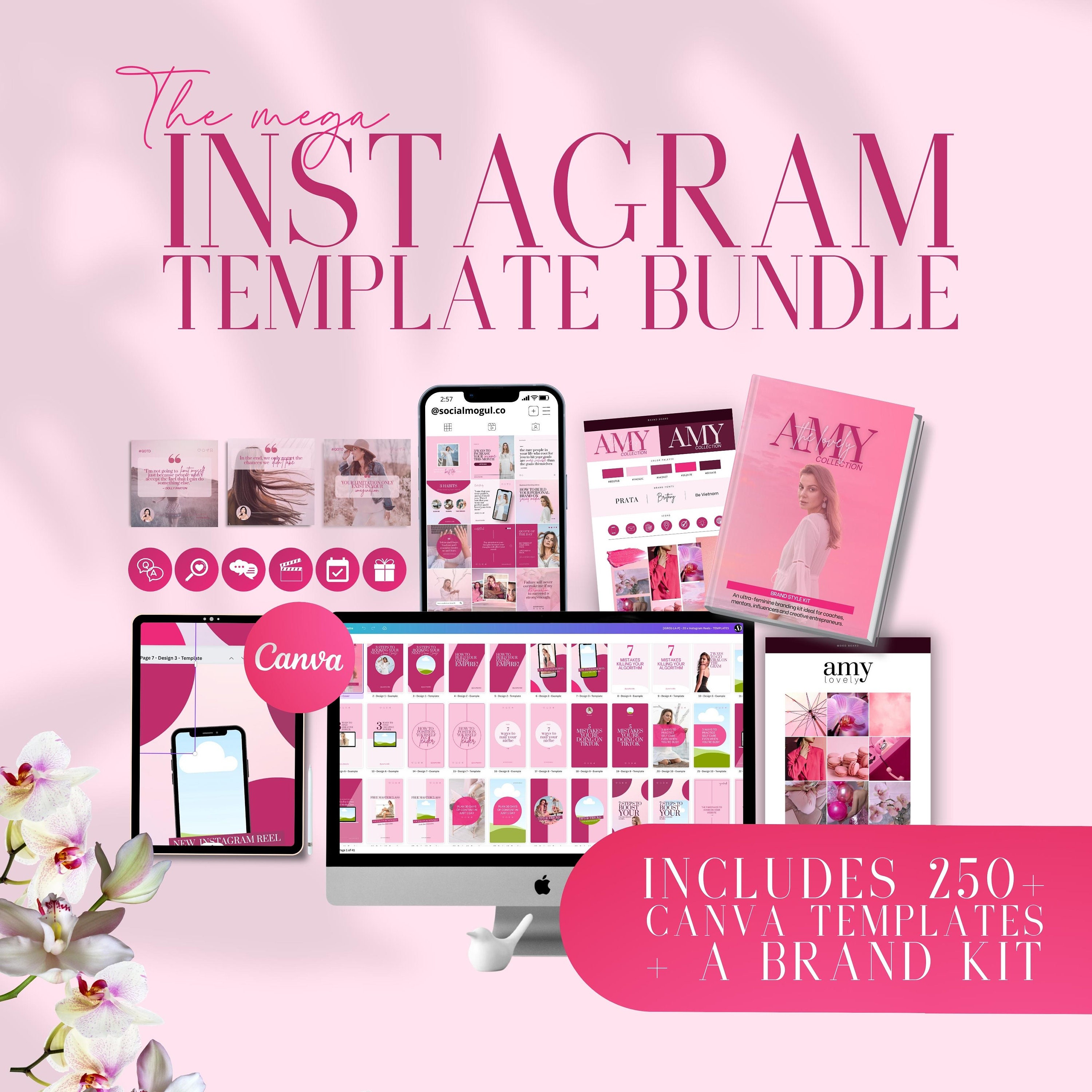 Instagram and Brand Kit Bundle | INSTANT DOWNLOAD | 250 Editable Canva ...