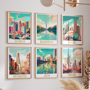 US Travel Poster Set of 6 Digital Prints Retro Wall Art US Cities ...