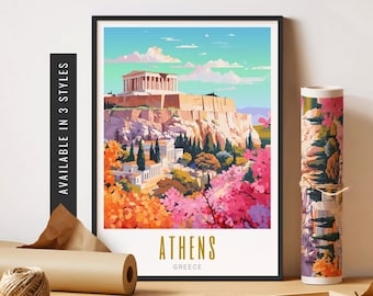 Athens Acropolis Greece Print Poster Travel Artwork Retro Vintage Wall ...