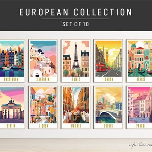 Retro Travel Posters European Cities Wall Art Set of 10 Digital Prints ...