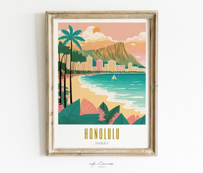 Honolulu Hawaii Poster Waikiki Beach Print Oahu Wall Art Waikiki Hawaii ...