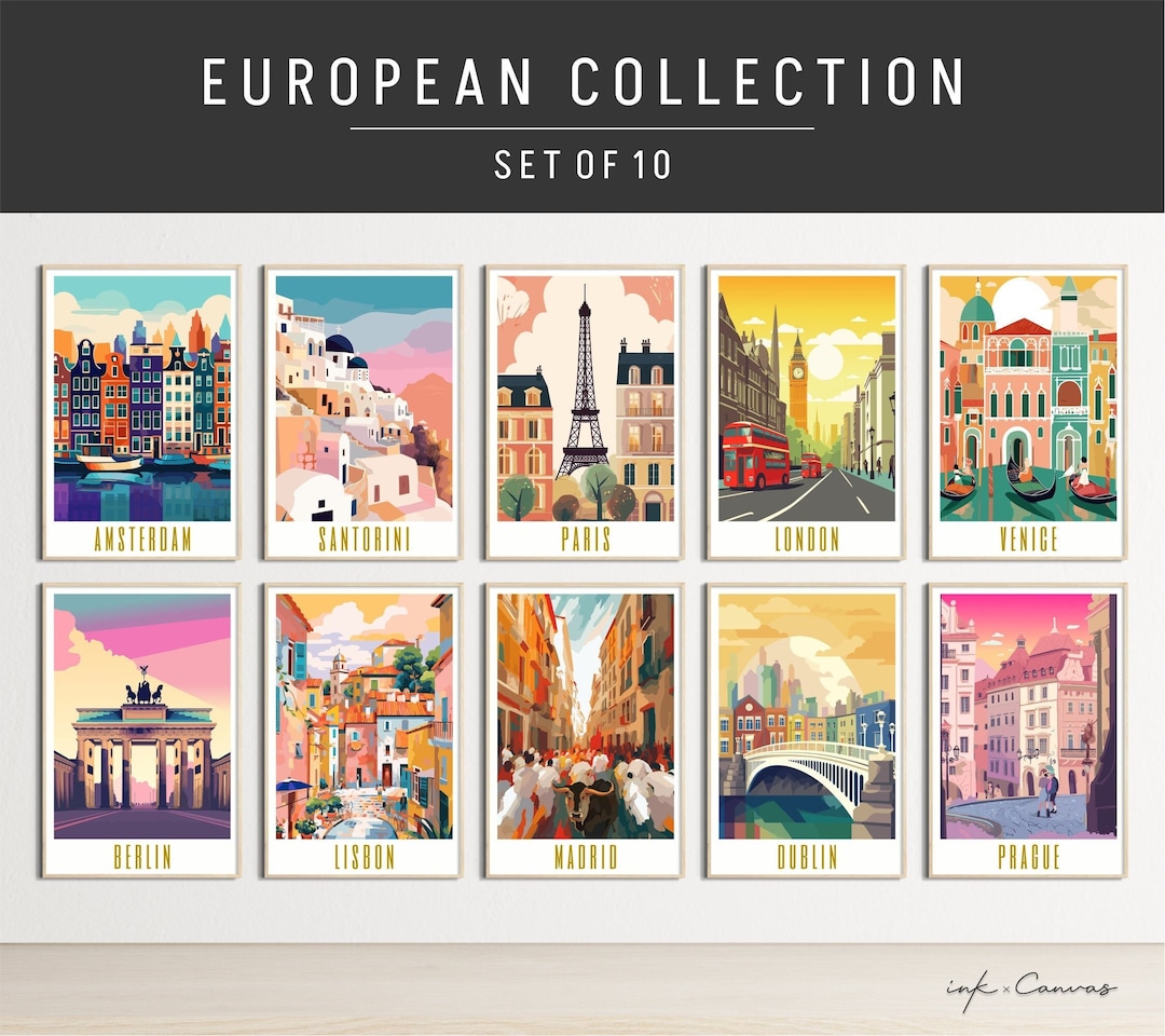 Retro Travel Posters European Cities Wall Art Gallery Set of - Etsy