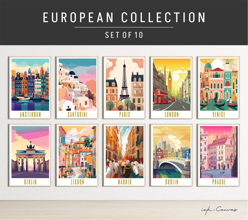 Retro Travel Posters European Cities Wall Art Gallery Set of - Etsy