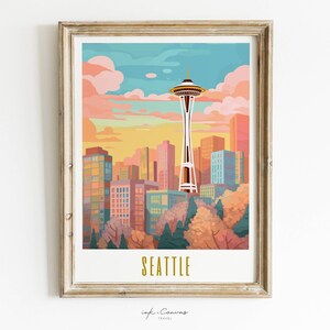 Retro Seattle Travel Poster Washington Wall Art Skyline US Travel Gifts ...