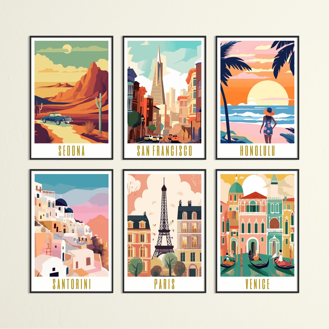 Retro Travel Posters Cities Wall Art Gallery Set of 6 Vintage - Etsy ...