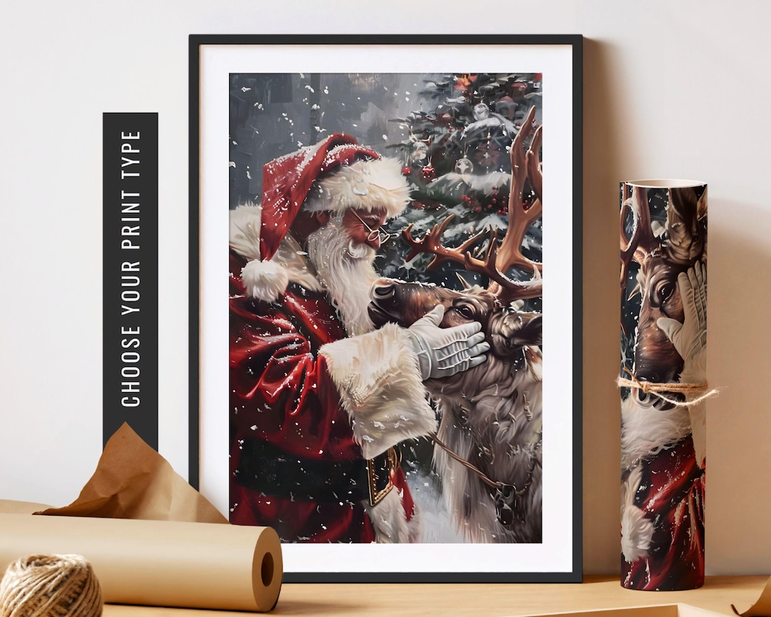Classic Christmas Print Santa Claus & Reindeer Art Moody Christmas Wall ...