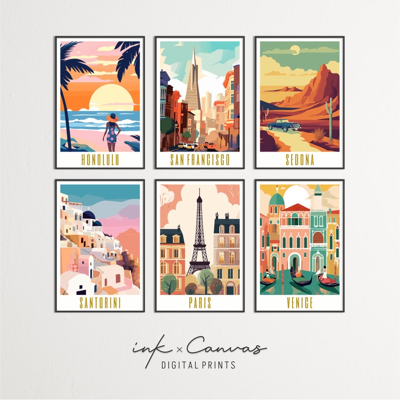Retro Travel Posters World Cities Wall Art Gallery Set of 6 - Etsy