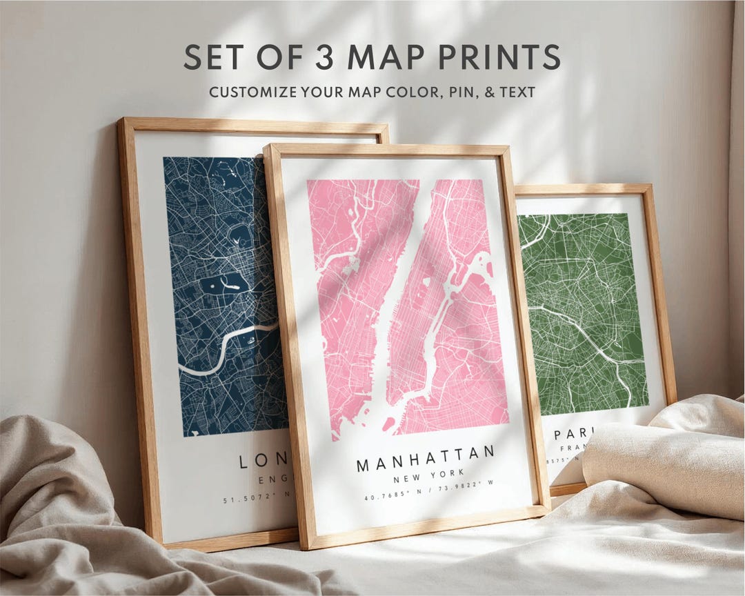 Set of 3 Map Prints Custom Map Wall Art Personalized City Map Poster ...
