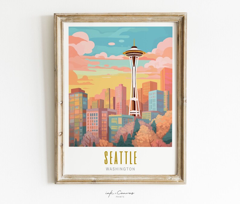 Seattle Travel Print Seattle Space Needle Art Print Retro Travel Poster ...