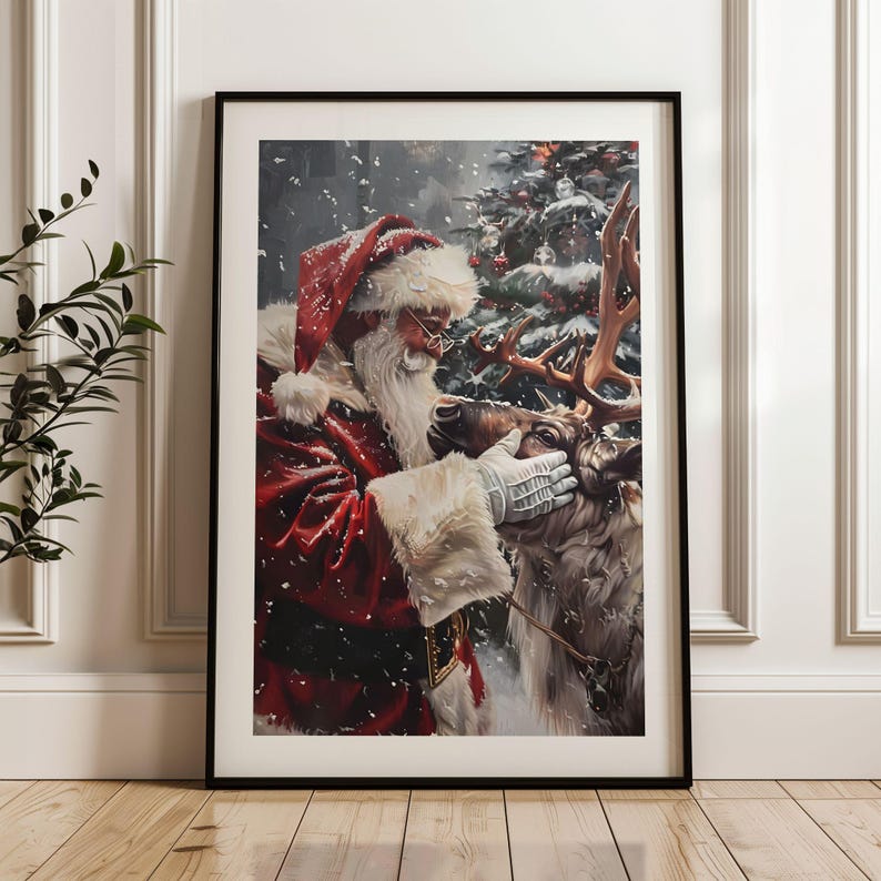 Classic Christmas Print Santa Claus & Reindeer Art Moody Christmas Wall ...