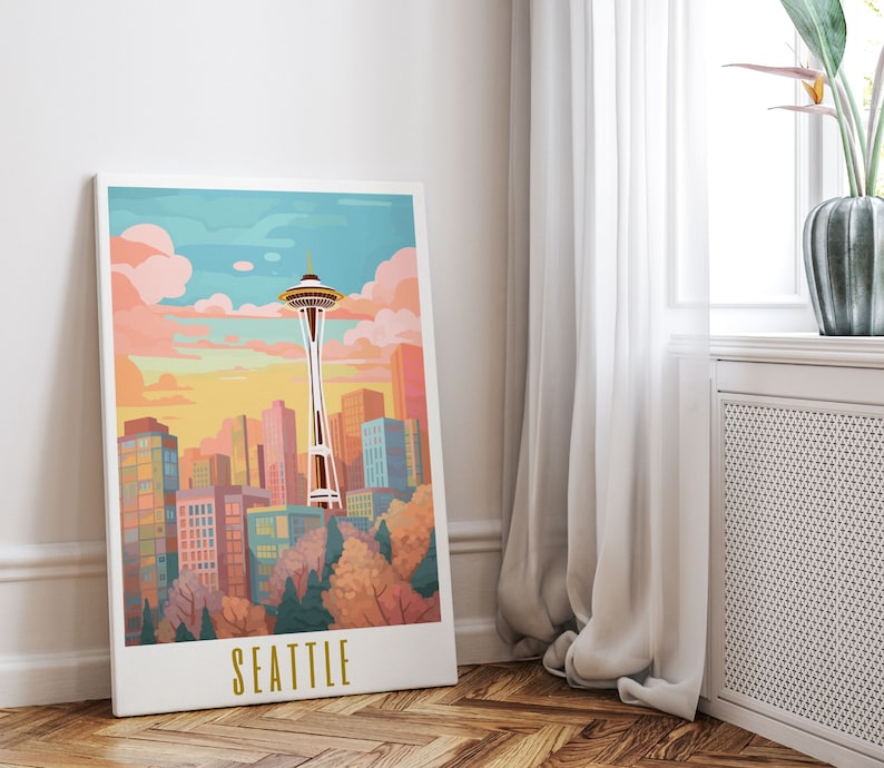 Retro Seattle Travel Poster Washington Wall Art Skyline US - Etsy