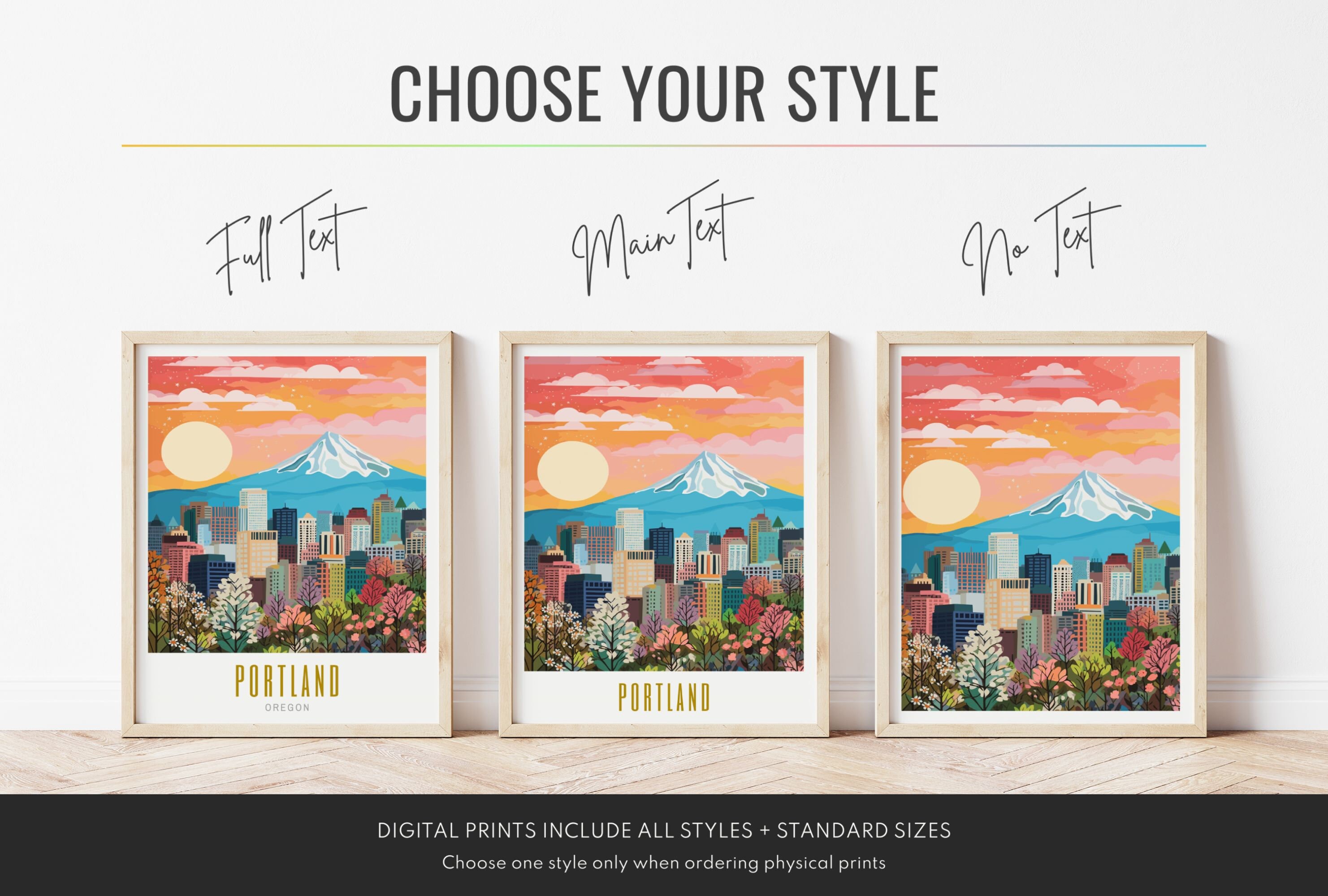 Portland Oregon Art Print Mt. Hood Art Portland OR Poster Downtown ...