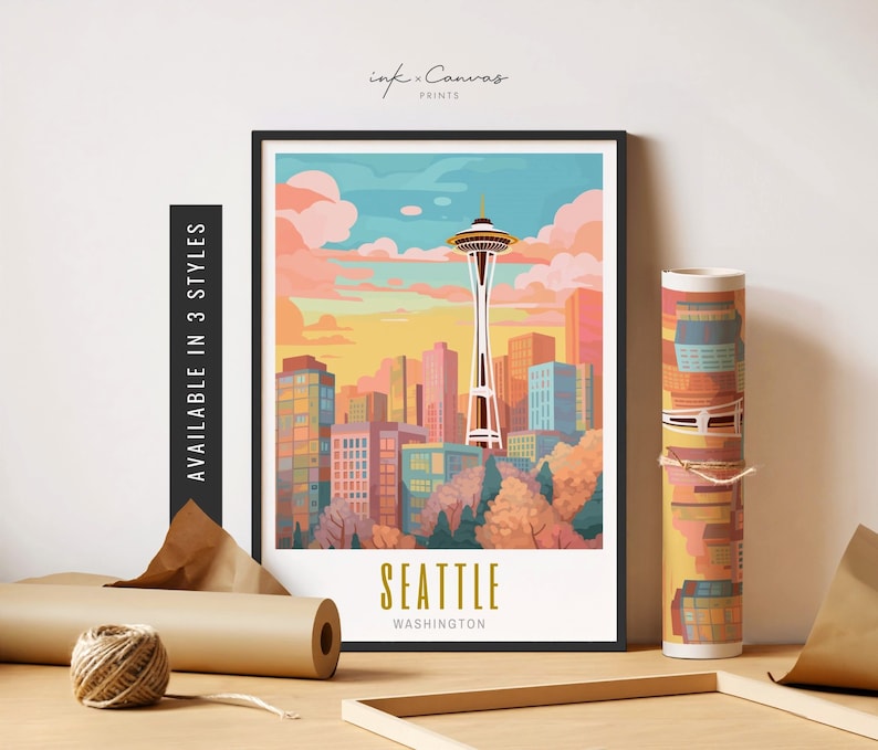 Seattle Travel Print Seattle Space Needle Art Print Retro Travel Poster ...