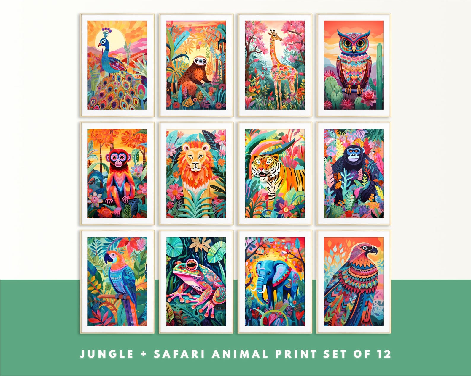 Set of 12 Colorful Animal Prints Fun Nursery Art Safari Animal Wall Art ...