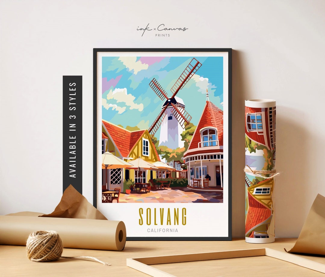 Solvang CA Art Print Retro Travel Poster Solvang Windmill Wall Art ...