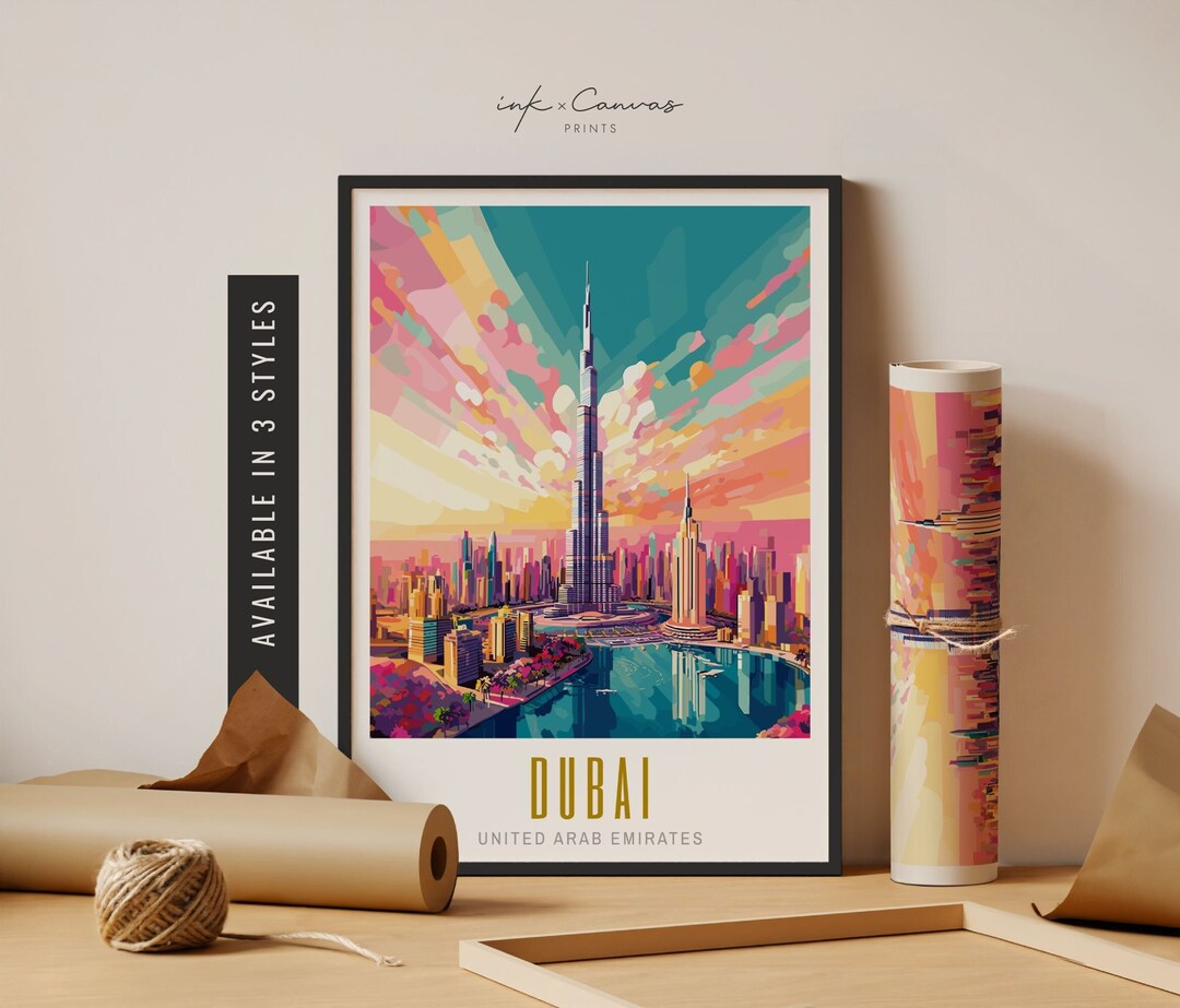 Dubai Travel Poster Burj Khalifa Poster Dubai Wall Art Dubai Skyline ...