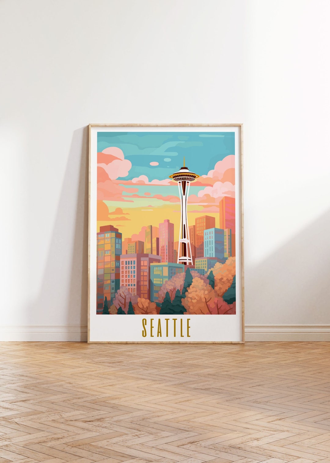 Retro Seattle Travel Poster Washington Wall Art Skyline US - Etsy