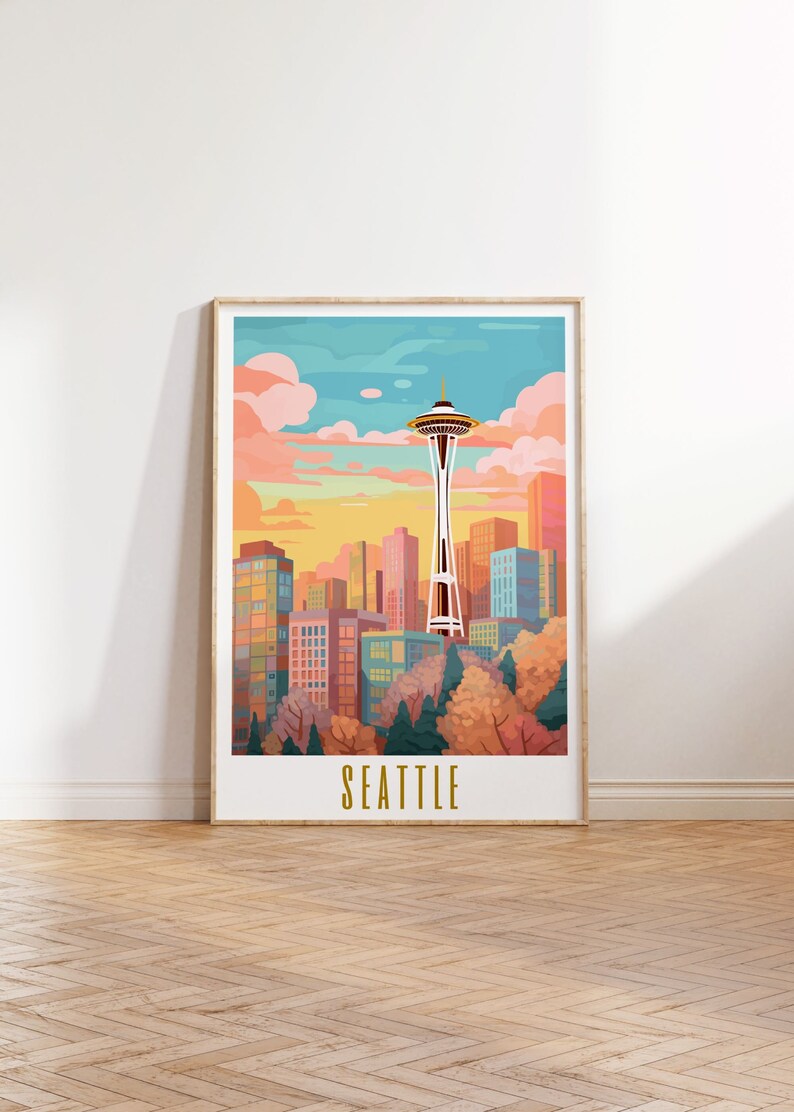 Retro Seattle Travel Poster Washington Wall Art Skyline US - Etsy