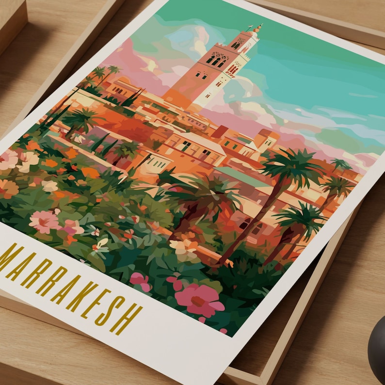 Marrakesh Morocco Travel Poster Marrakech Wall Art Koutoubia Mosque ...