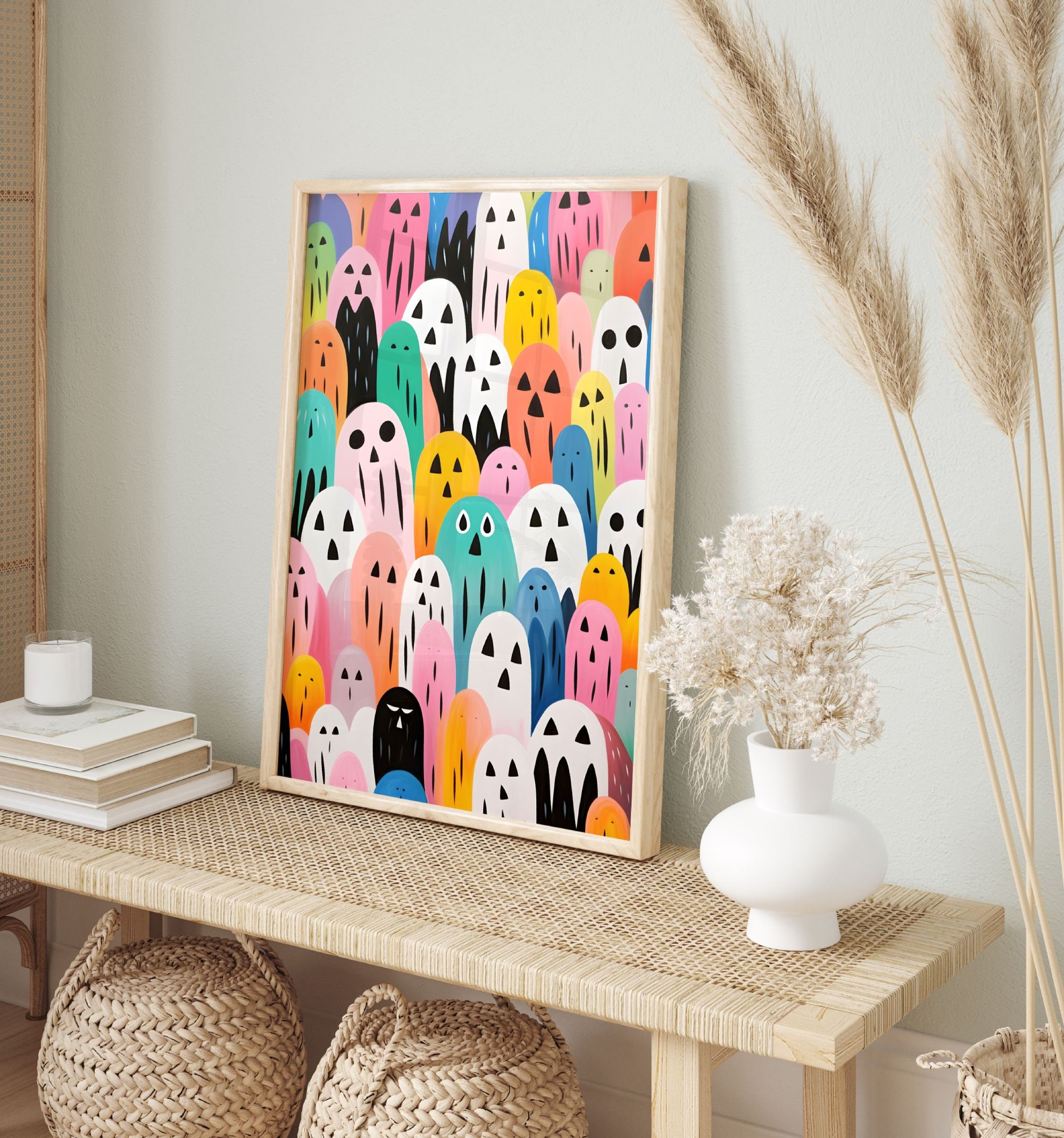 Boho Halloween Art Cute Ghosts Print Colorful Halloween Decor Adorable ...