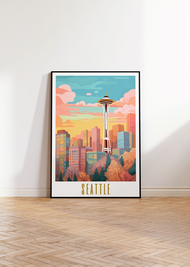 Retro Seattle Travel Poster Washington Wall Art Skyline US - Etsy