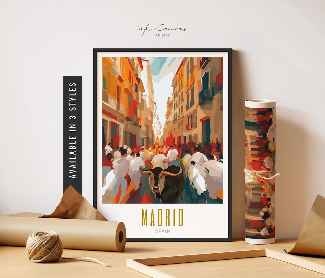 Madrid Travel Poster Madrid Spain Art Print Running of the Bulls Madrid ...