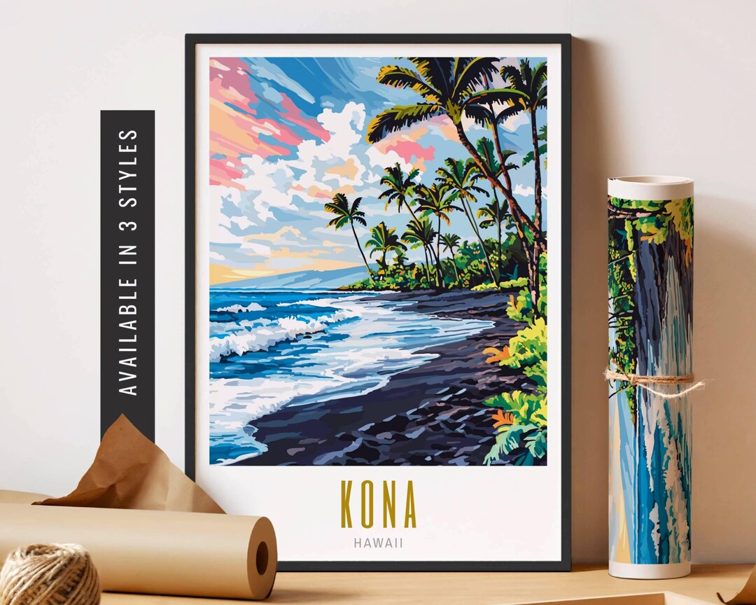 Kona Hawaii Print Black Sand Beach Kona Poster Travel Destination Art ...