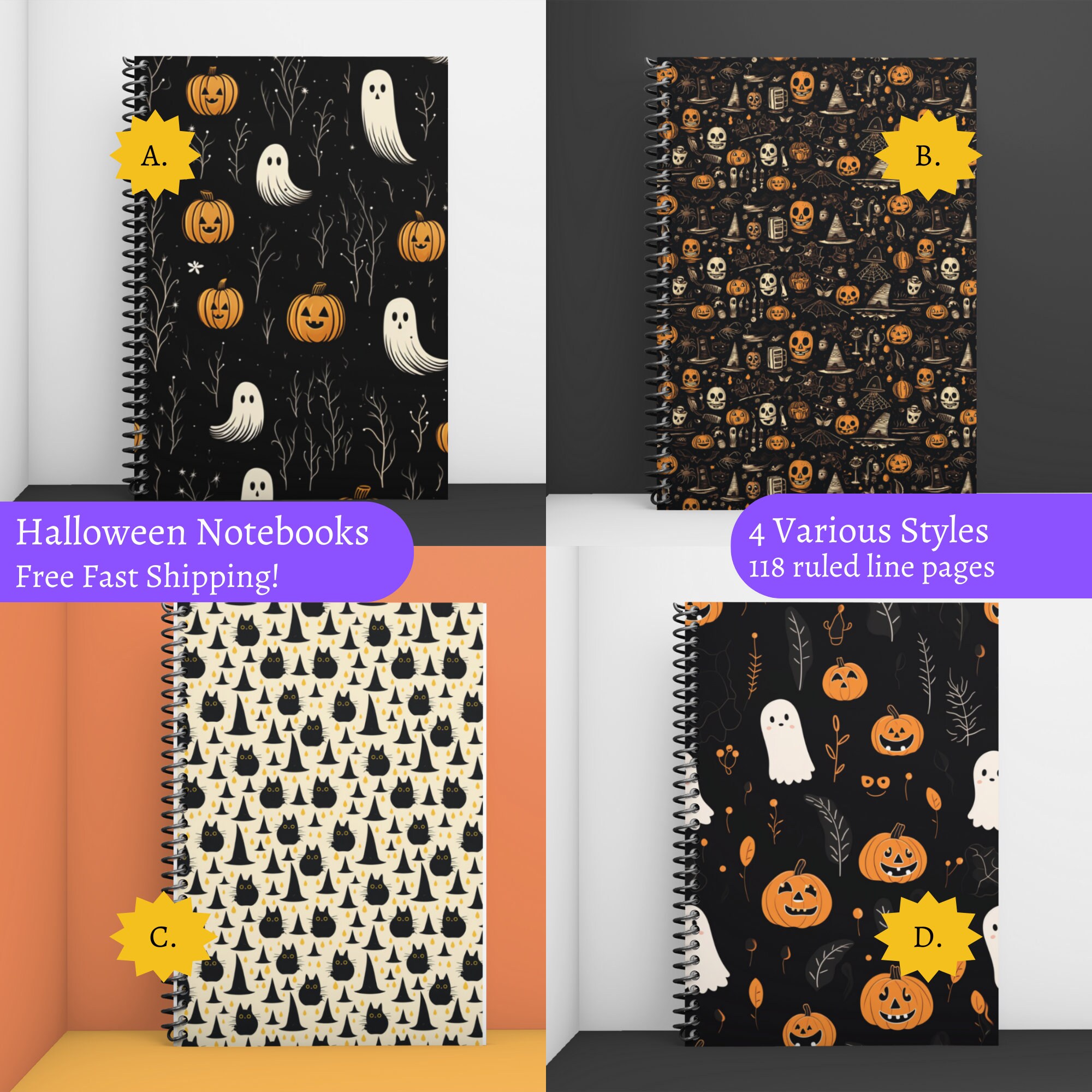 Vintage Halloween Spiral Notebook: Ghosts, Pumpkins, Cats & Witches ...