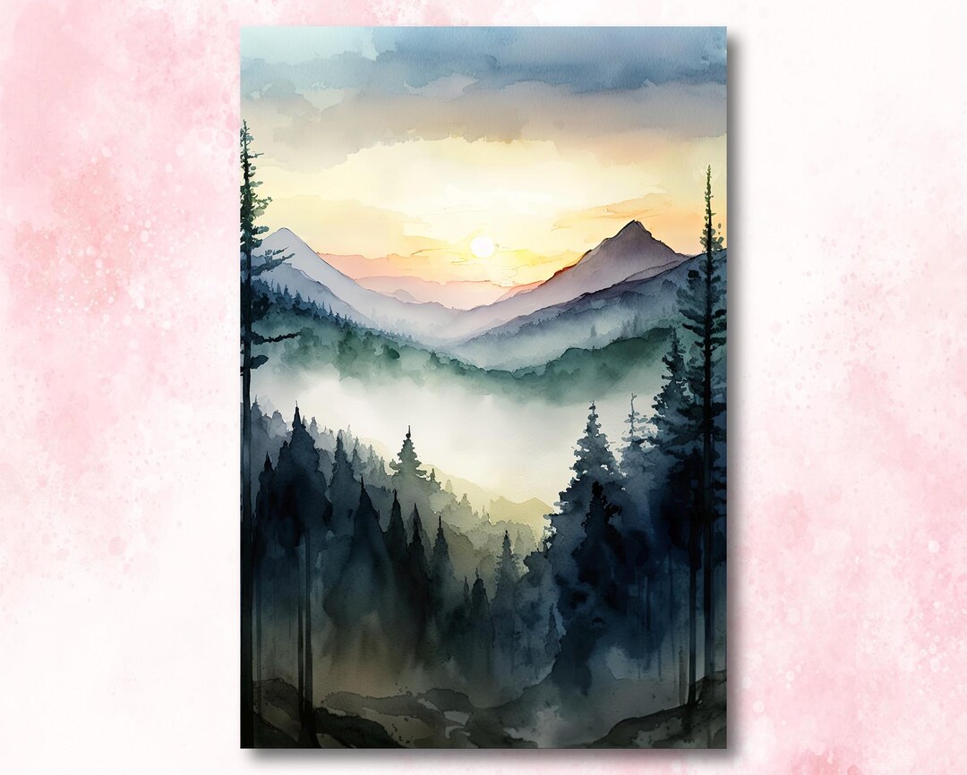 Mountain Forest Sunset Watercolor Print, Misty Landscape Wall Art ...