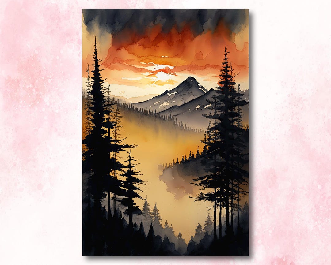 Sunset Forest Watercolor Print, Mountain Landscape Wall Art, Nature ...