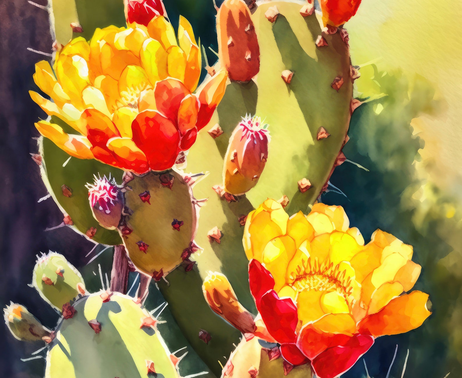 Flower Prickly Pear Cactus Print Watercolor Painting Botanical Desert ...