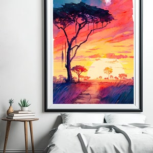 African Serengeti Sunset Wall Art Safari Print Africa Savanna ...