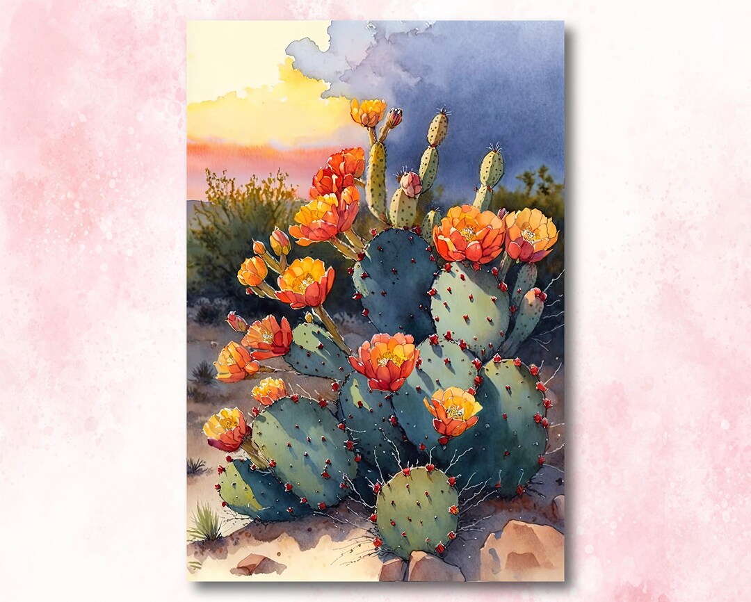 Flower Prickly Pear Cactus Sunset Art Print Watercolor Botanical Desert ...