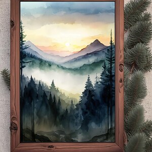 Mountain Forest Sunset Watercolor Print, Misty Landscape Wall Art ...