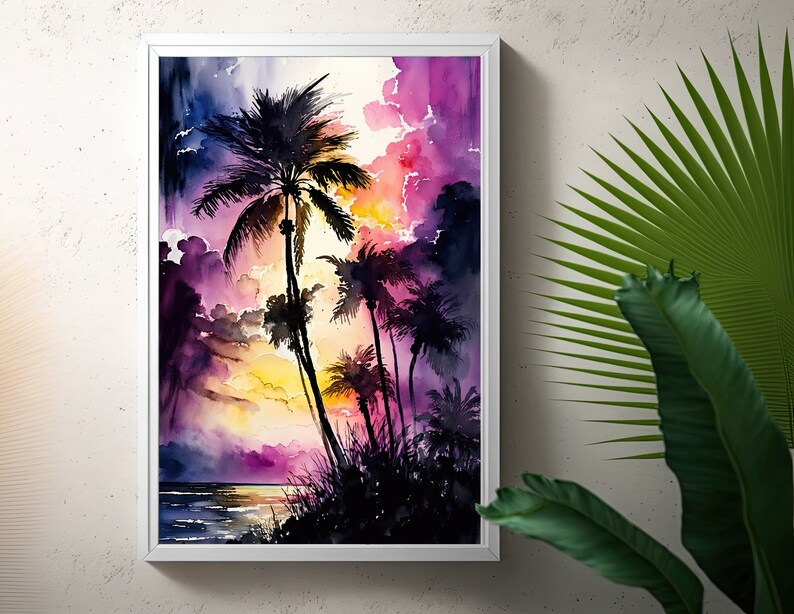 Palm Tree Sunset Art Print Watercolor Coastal Wall Art Nature - Etsy