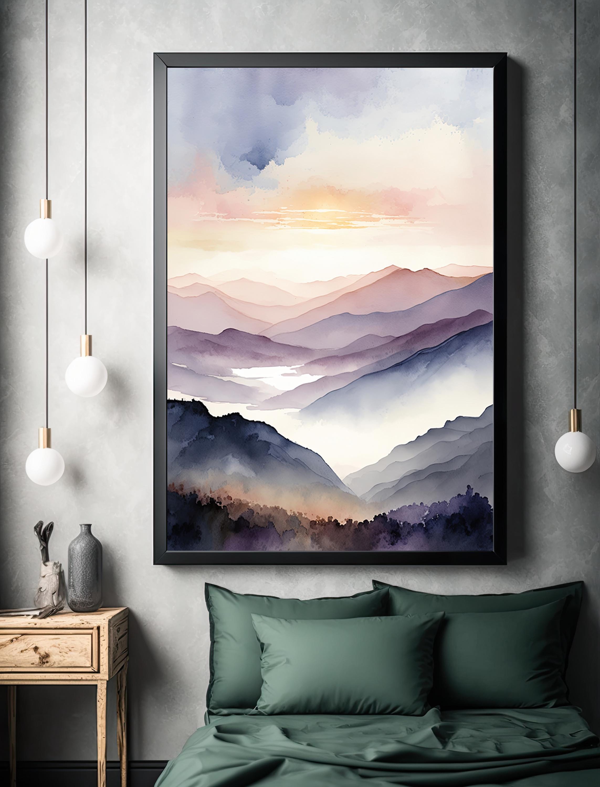 Mountain Sunrise Watercolor Print, Soft Pastel Landscape Wall Art ...