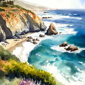 California Big Sur Beach Print Watercolor Ocean Wall Art Tropical ...