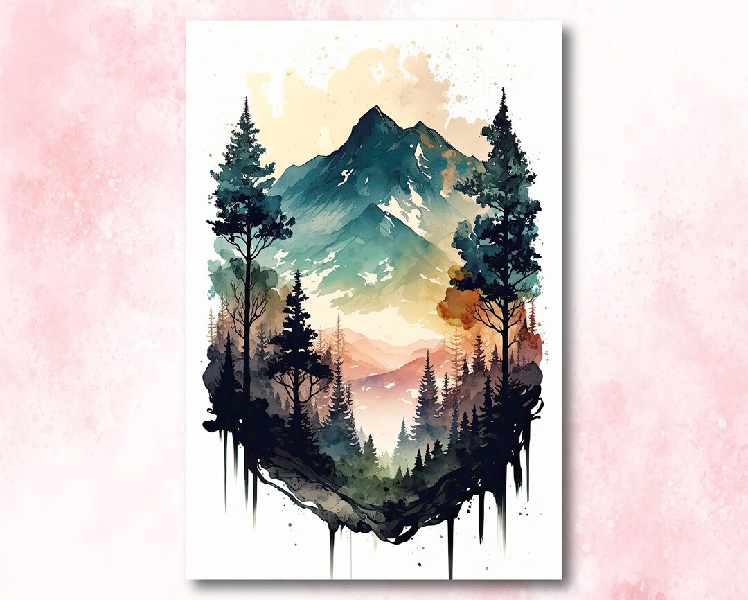 Forest Mountain Wall Art Landscape Cabin Decor Painting Watercolor ...