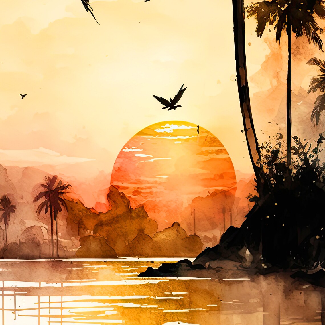 Palm Tree Sunset Art Print Watercolor Coastal Wall Art Nature - Etsy