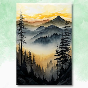 Mountain Forest Sunset Watercolor Print, Misty Landscape Wall Art ...