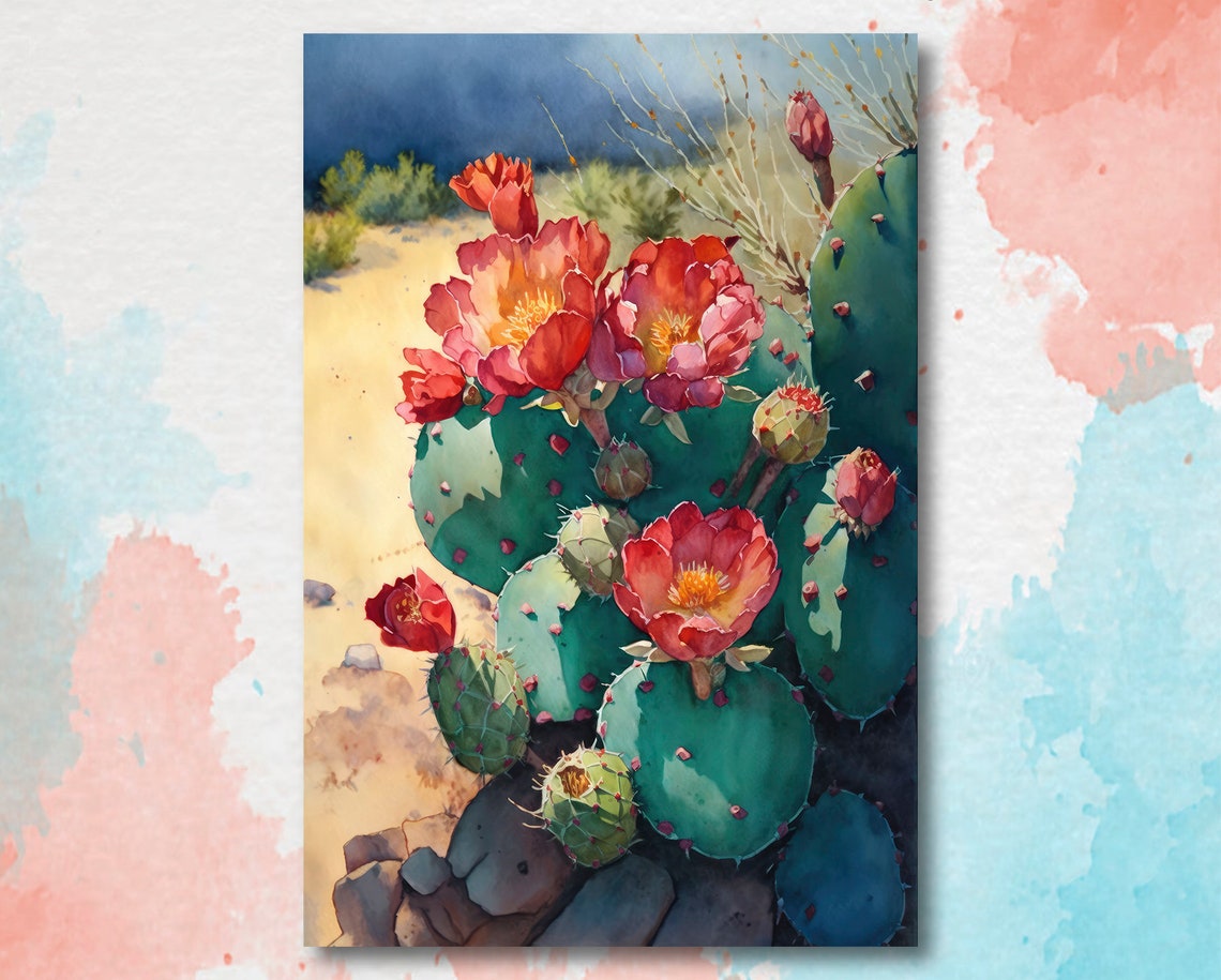 Flower Prickly Pear Cactus Print Watercolor Painting Botanical - Etsy