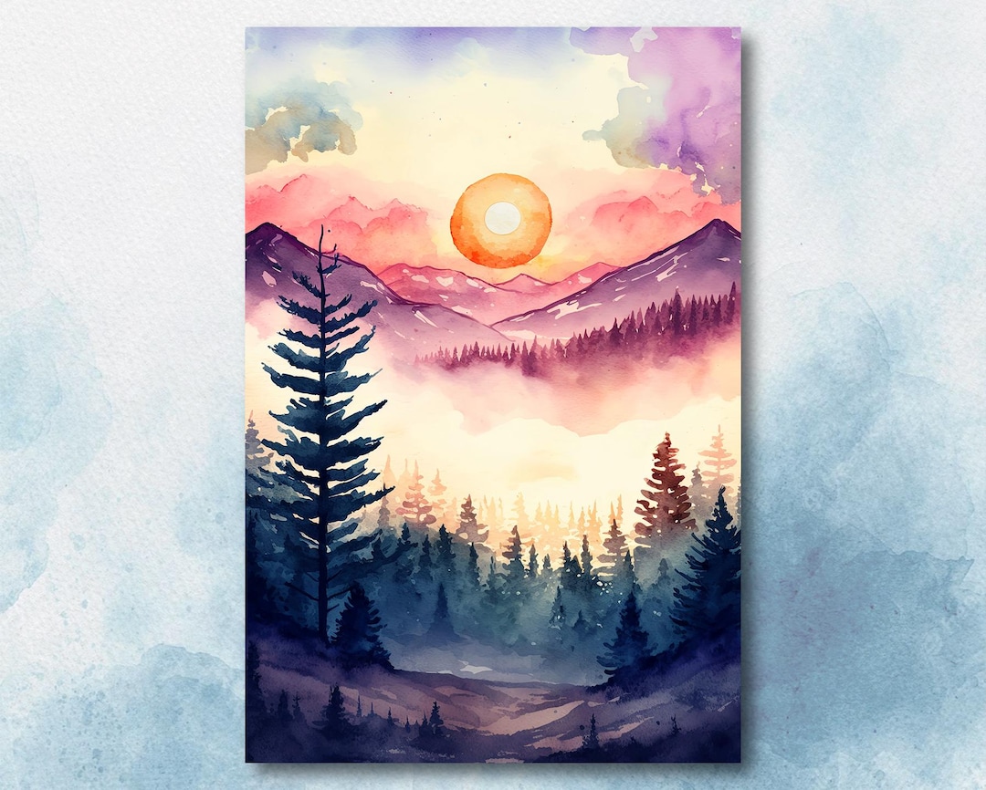 Mountain Forest Sunset Watercolor Print, Misty Landscape Wall Art ...