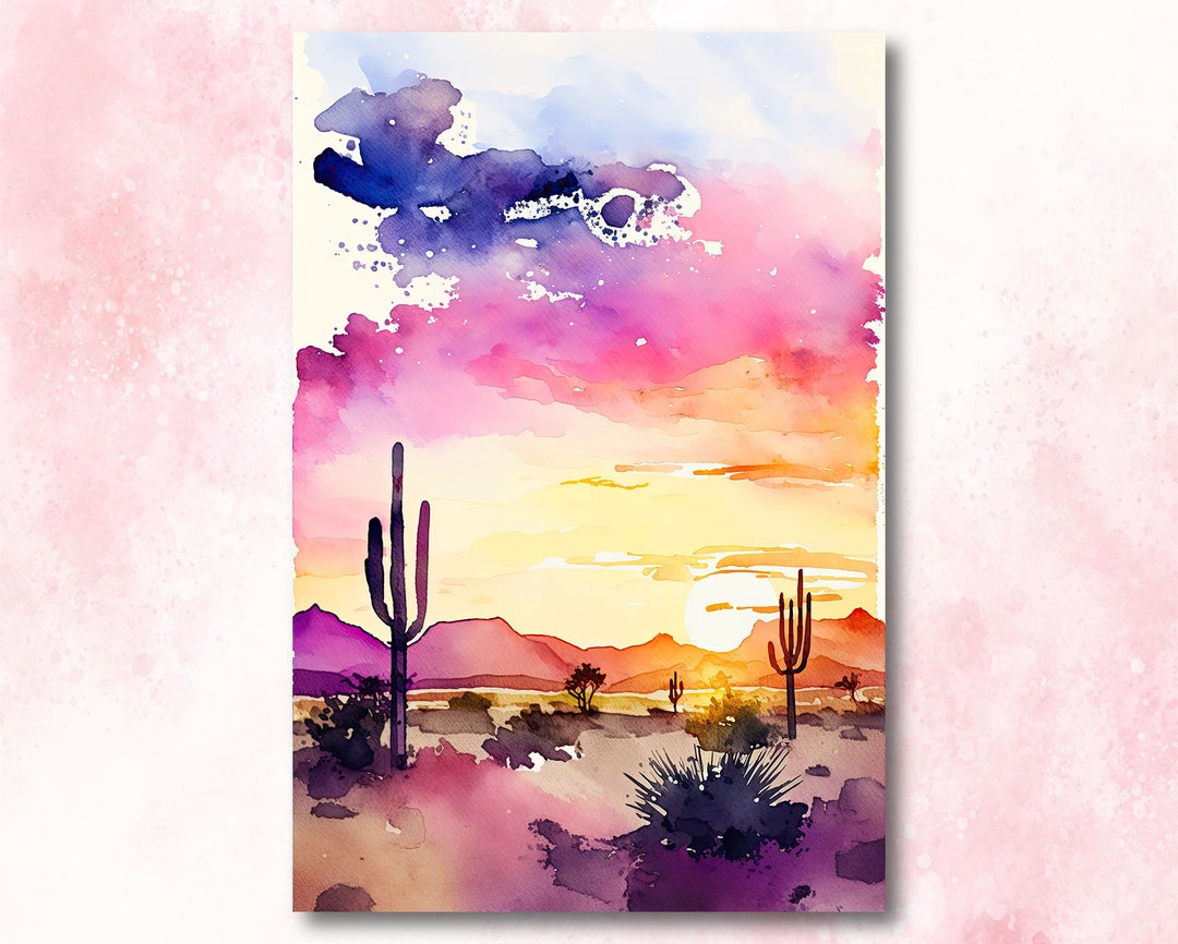 Desert Sunset Print Colorful Watercolor Wall Art Southwest Landscape ...