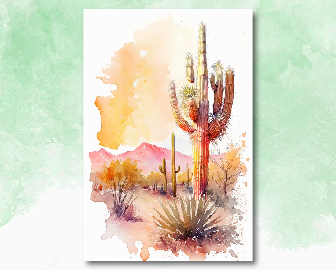 Saguaro Cactus Desert Landscape Watercolor Print Colorful Wall Art ...