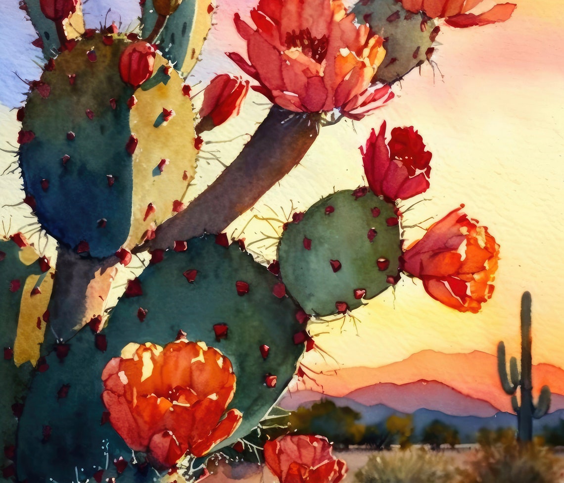 Flower Prickly Pear Cactus Sunset Art Print Watercolor - Etsy
