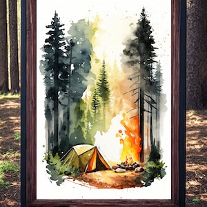 Camping Tent and Campfire Forest Wall Art Print Camper Decor Nature ...