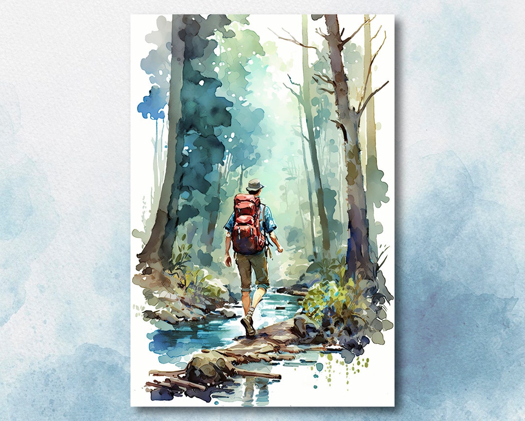 Hiking Mountain Forest Wall Art Watercolor Nature Inspired Backpacking ...