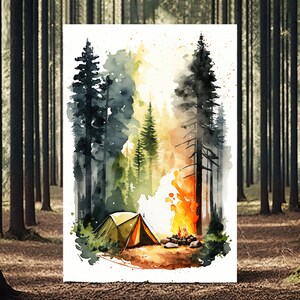 Camping Tent and Campfire Forest Wall Art Print Camper Decor Nature ...
