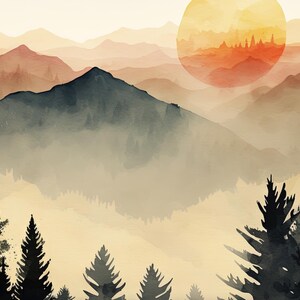 Mountain Forest Sunset Watercolor Print, Misty Landscape Wall Art ...